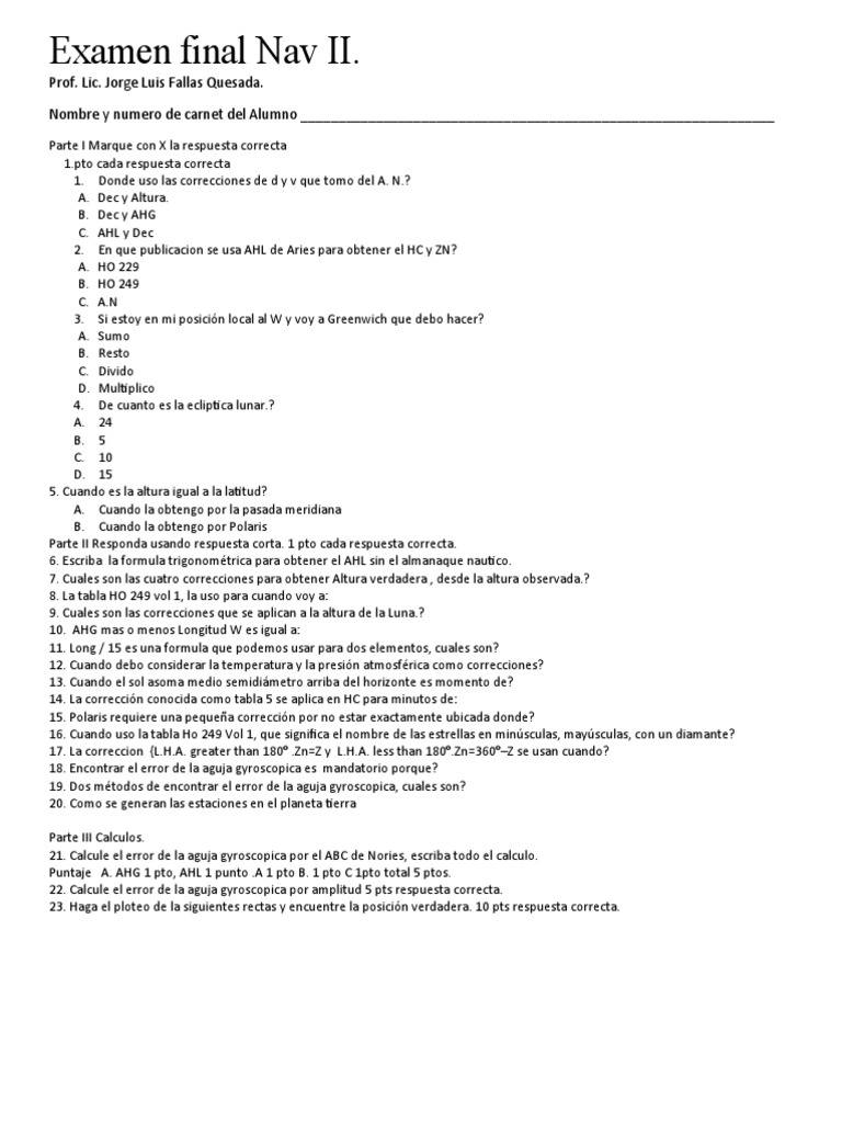 Examen Final de Navegación II: Preguntas y Cálculos | PDF | Artes del ...