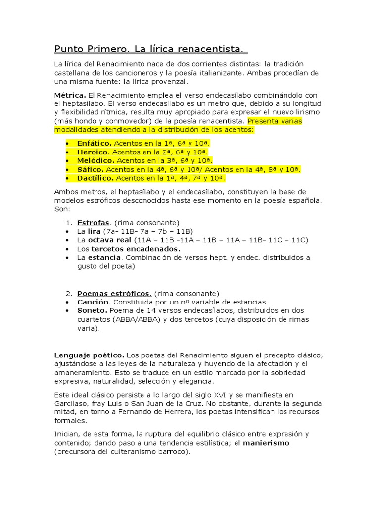 Punto Primero. La Lírica Renacentista.: Métrica. El Renacimiento Emplea ...