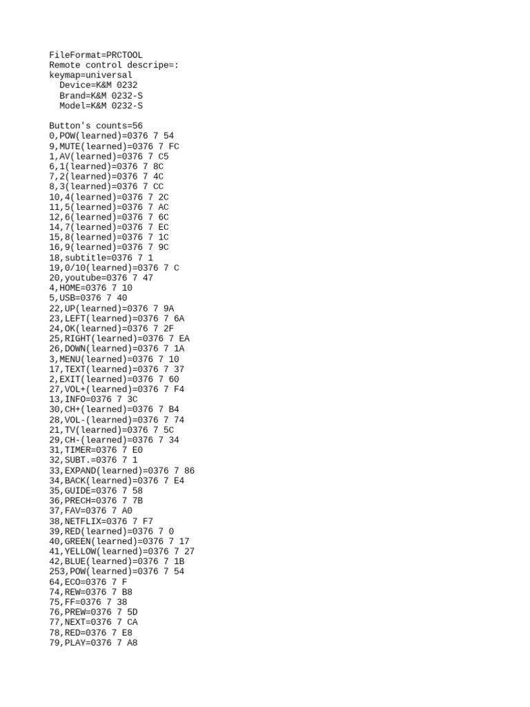 Remote Control Mapping File for a K&M 0232-S Universal Remote | PDF