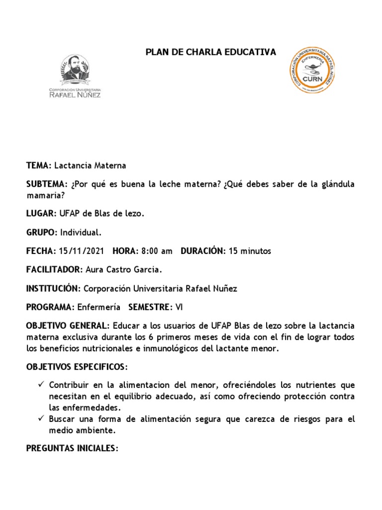 Plan de Charla Educativa Lactancia Materna 2 | PDF | Amamantamiento | Pecho