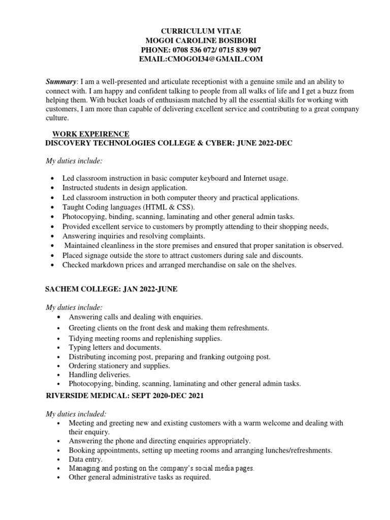 Summary: I Am A Well-Presented and Articulate Receptionist With A ...