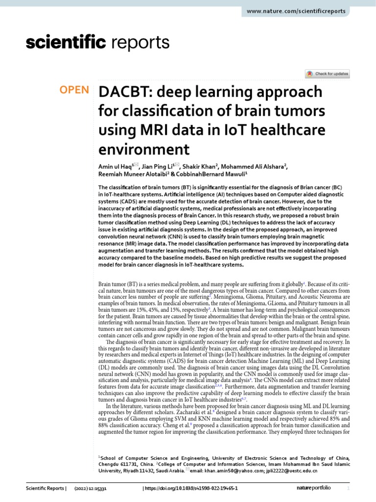 Dacbt: Deep Learning Approach For Classification of Brain Tumors Using Mri Data in Iot ...
