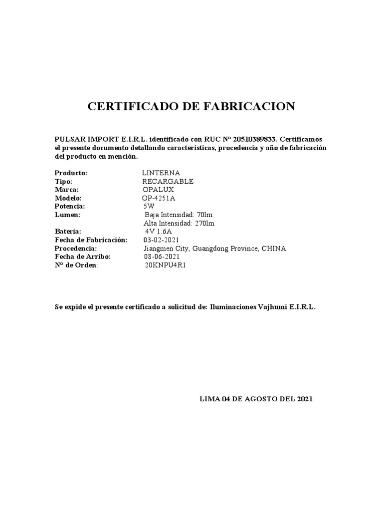 Certificado de Fabricacion | PDF