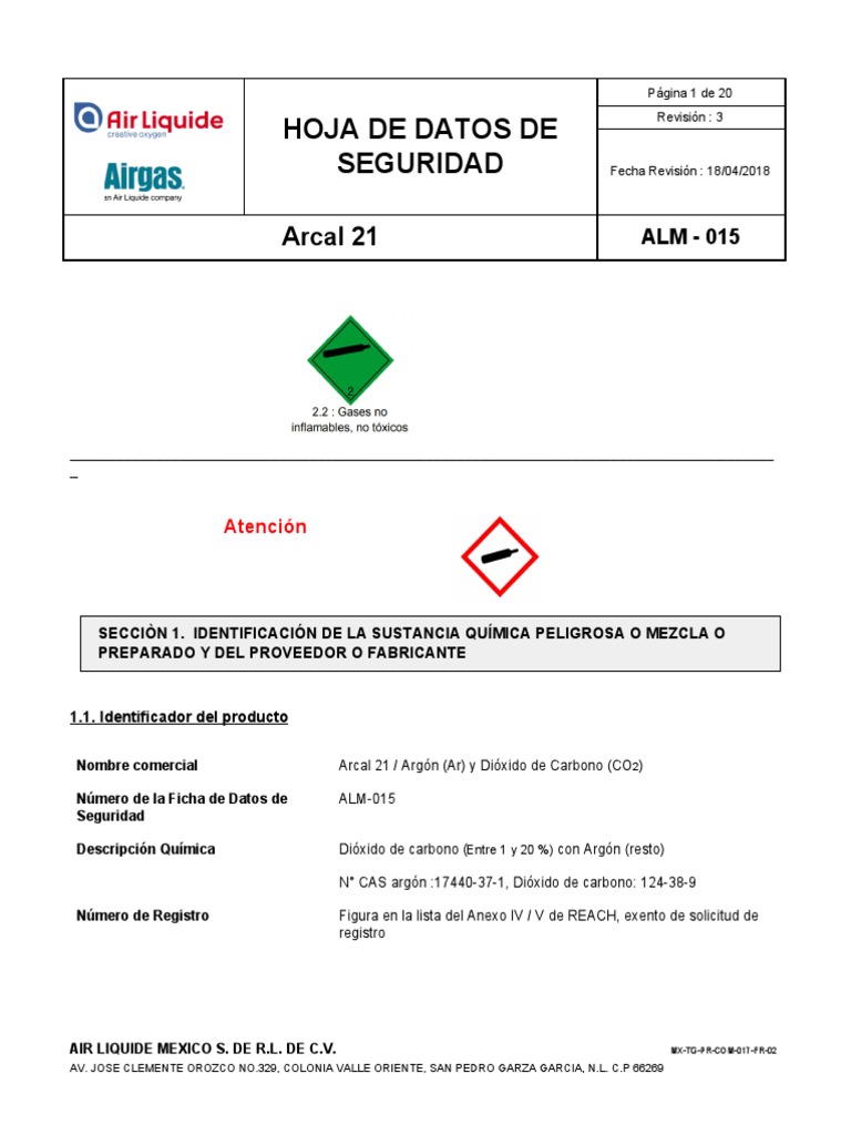 Msds Mezcla 1 A 20 CO2 Bal Argón | PDF | Gases | Agua