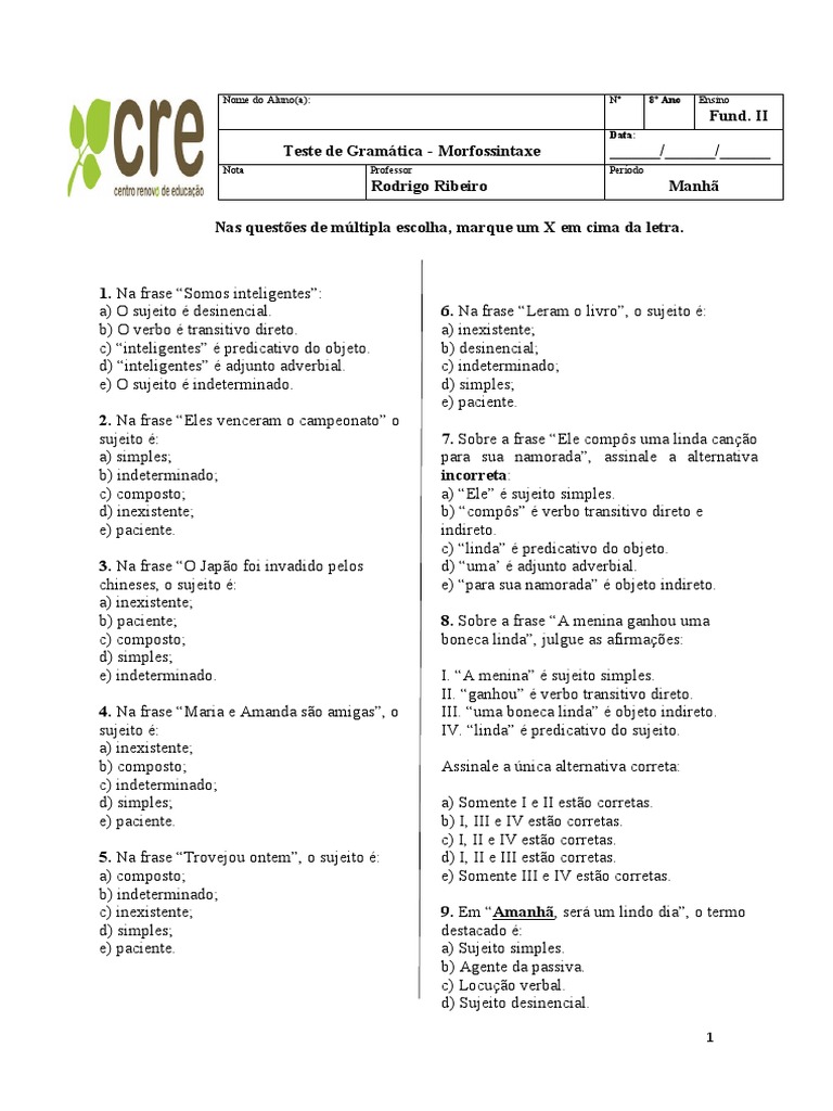 Teste 8º Ano - Gramática - Análise Morfossintática | PDF | Assunto ...