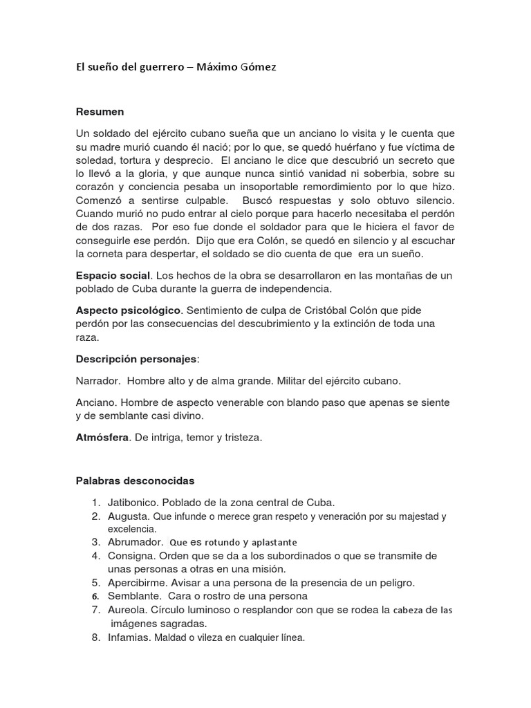 El Sueño Del Guerrero - Máximo Gómez: Resumen | PDF | Cuba
