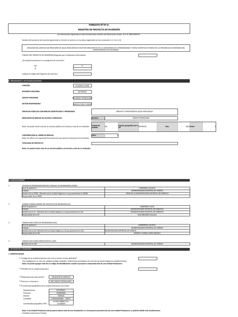 Formato #07-A: Registro de Proyecto de Inversión: A. Alineamiento A Una ...