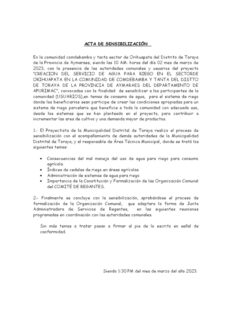 Acta de Sensibilizacion | PDF