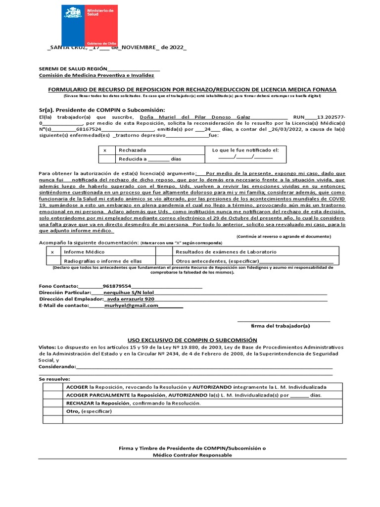 Formulario Reclamo Licencia Medica Fonasa. | PDF