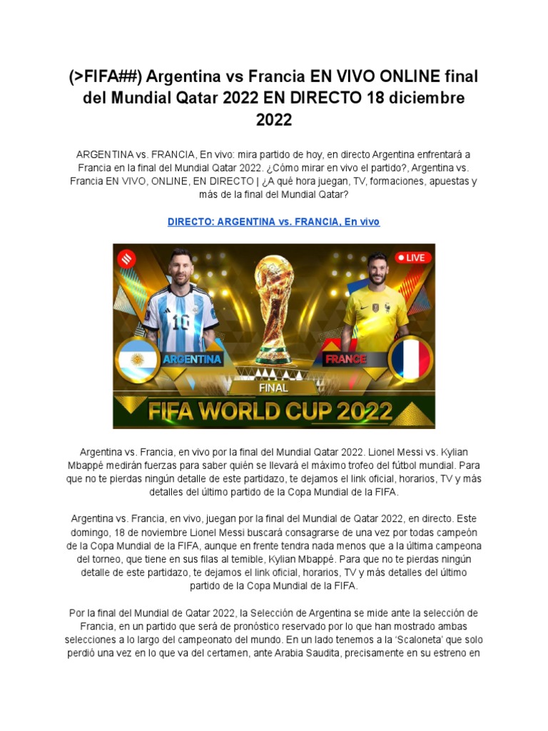 ( FIFA##) Argentina Vs Francia EN VIVO ONLINE Final Del Mundial Qatar 2022 EN DIRECTO 18 ...