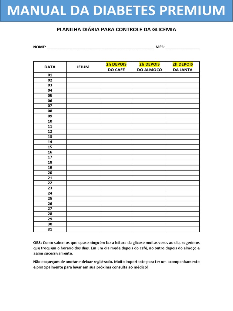 Brinde 1 - PLANILHA DIÁRIA PARA CONTROLE DA GLICEMIA | PDF