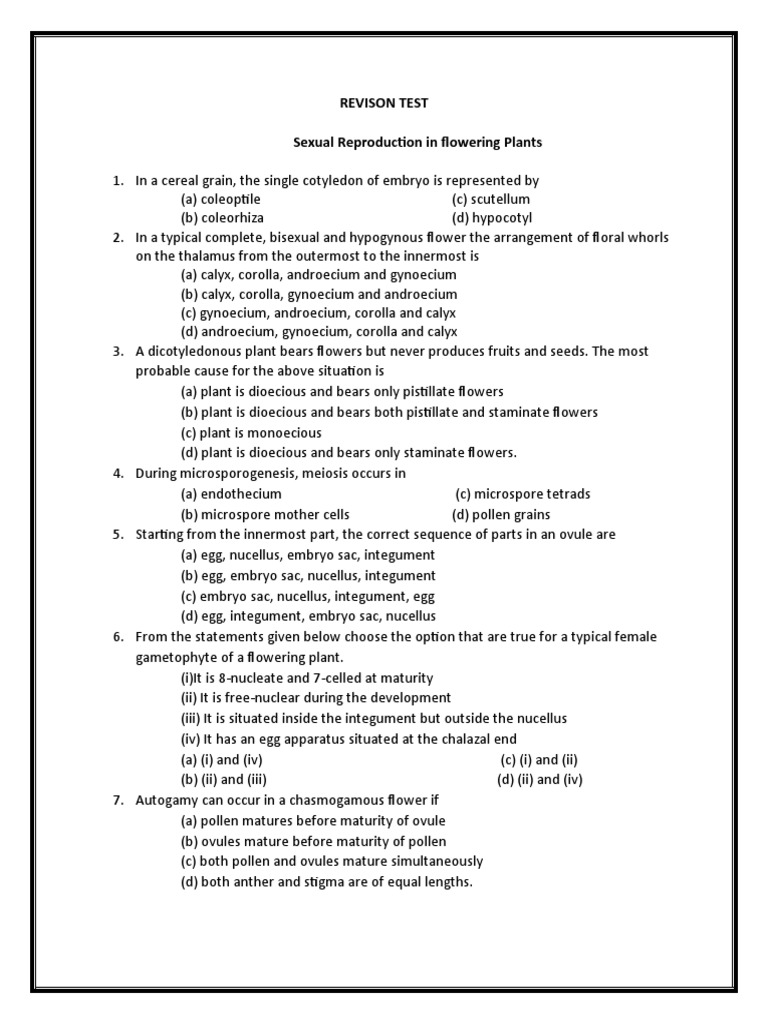 REVISION TEST - Sexual Reproduction in Flowering Plants - QP | PDF ...