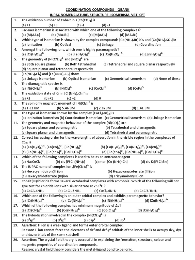 Question Bank-Coordination Compounds | PDF | Coordination Complex | Ligand