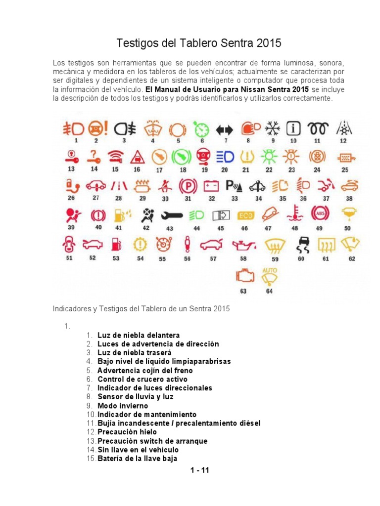 Testigos del Tablero Sentra 20151 | PDF | Fusible (Eléctrico) | Neumático