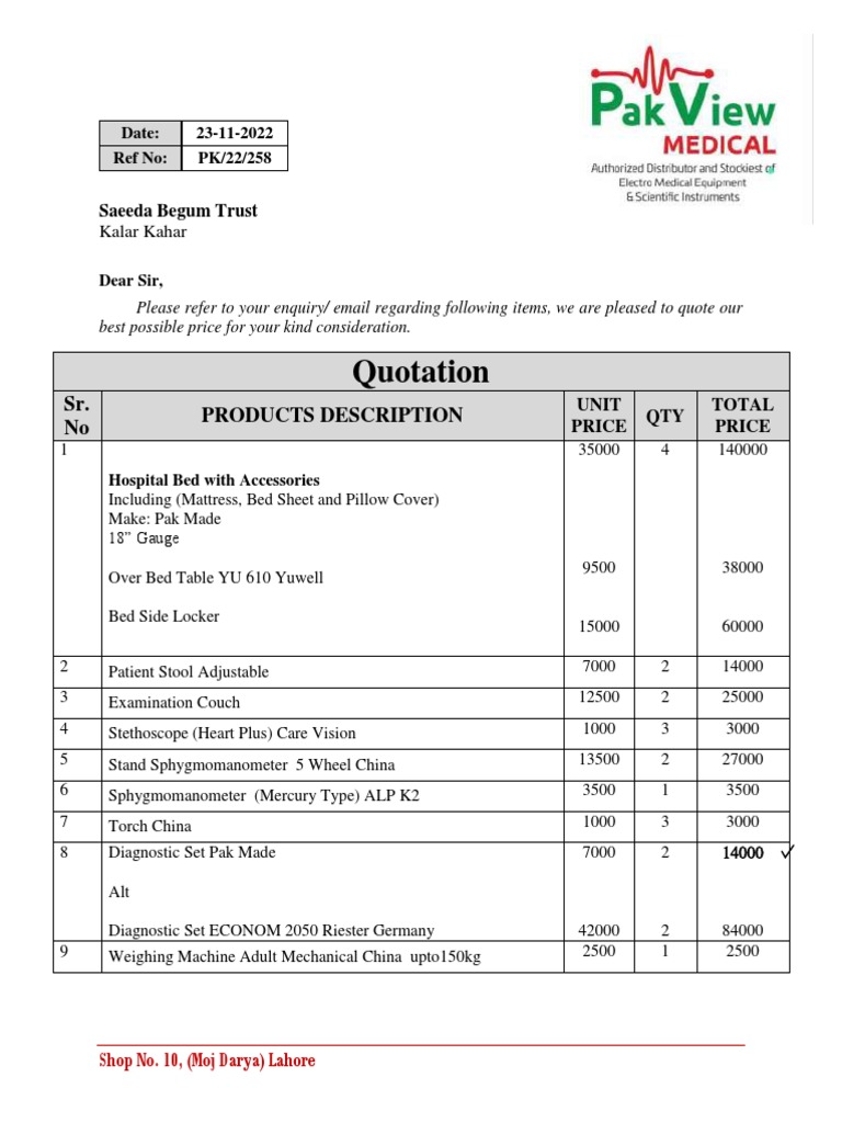 Medical equipment quotation | PDF | Equipment | Medical Equipment
