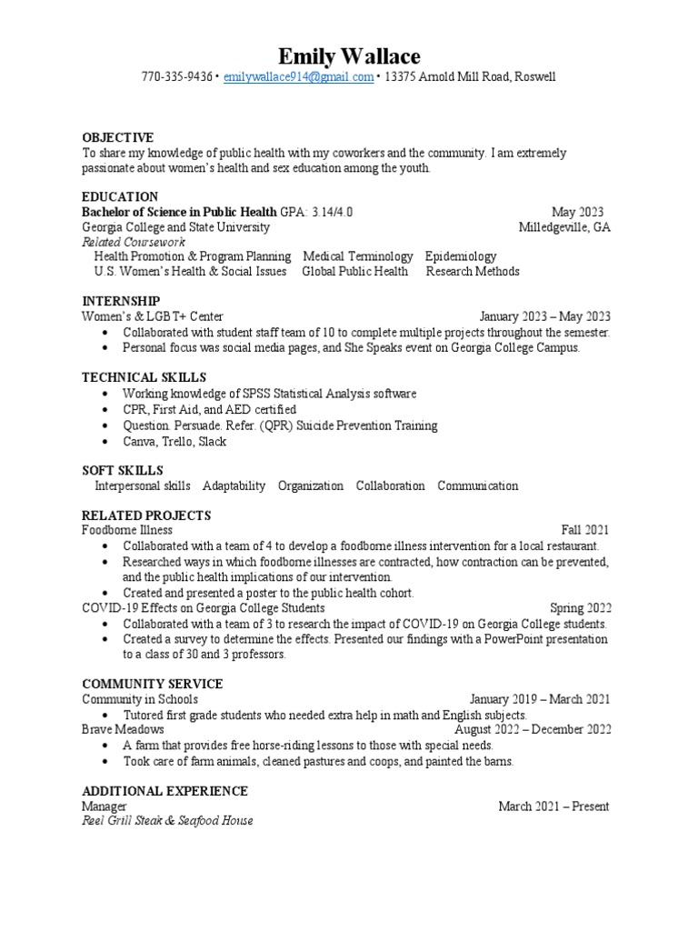 Emily Wallace Final Resume 1 2 | PDF | Public Health