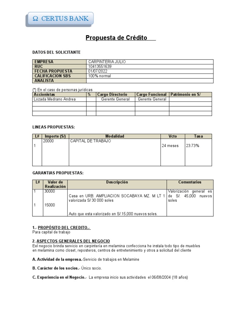 Propuesta de Credito Trabajo Final Mipe | PDF | Business | Economias