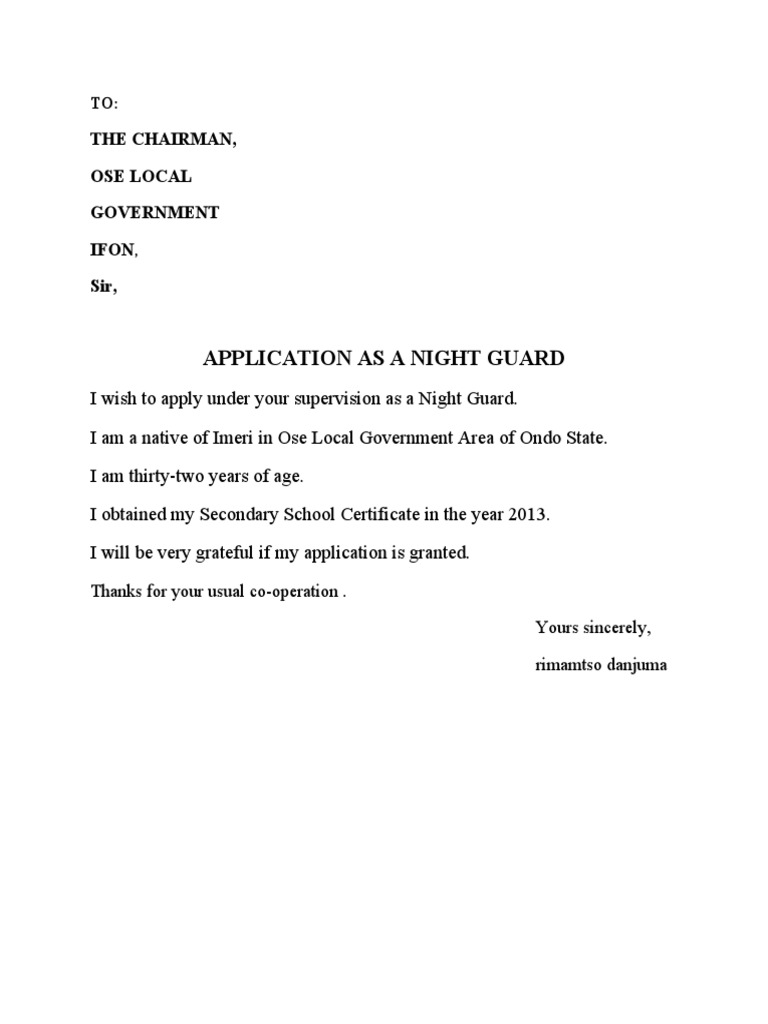 Application As A Night Guard: The Chairman, Ose Local Government Ifon ...