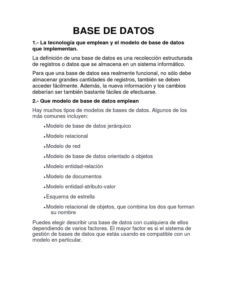 Los fundamentos de las bases de datos: modelos, categorías, lenguajes de consultas y más | PDF