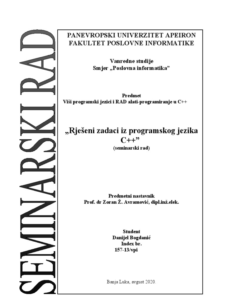 Rješeni Zadaci Iz Programskog Jezika C++": Panevropski Univerzitet ...