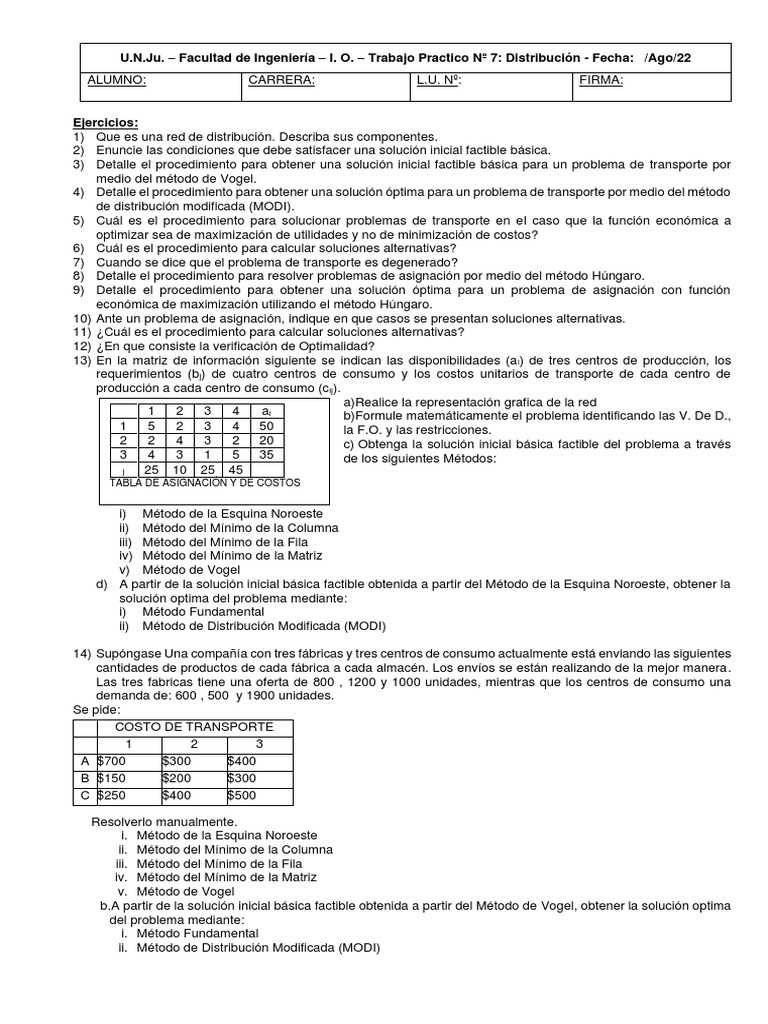 TP7 2022 Distribucion | PDF | Transporte | Programación lineal