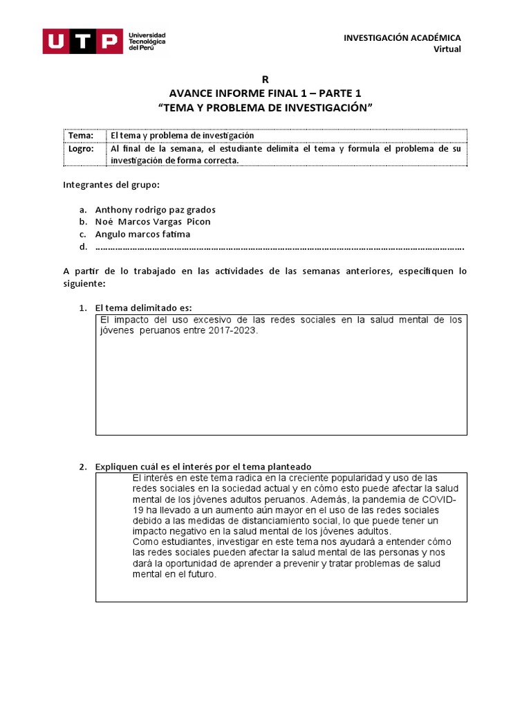 Semana 03-Formato - Avance de Informe Final 1 - Parte 1 - Tema y Problema de Investigación | PDF ...