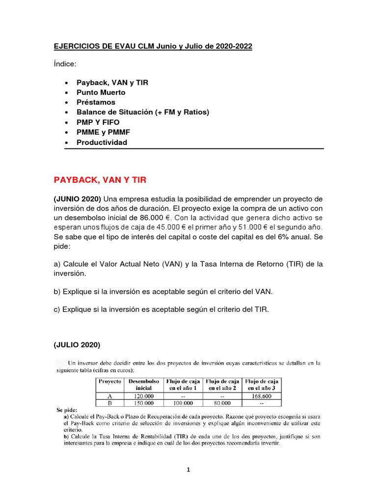 Payback, Van Y Tir: EJERCICIOS DE EVAU CLM Junio y Julio de 2020-2022 | PDF | Tasa interna de ...