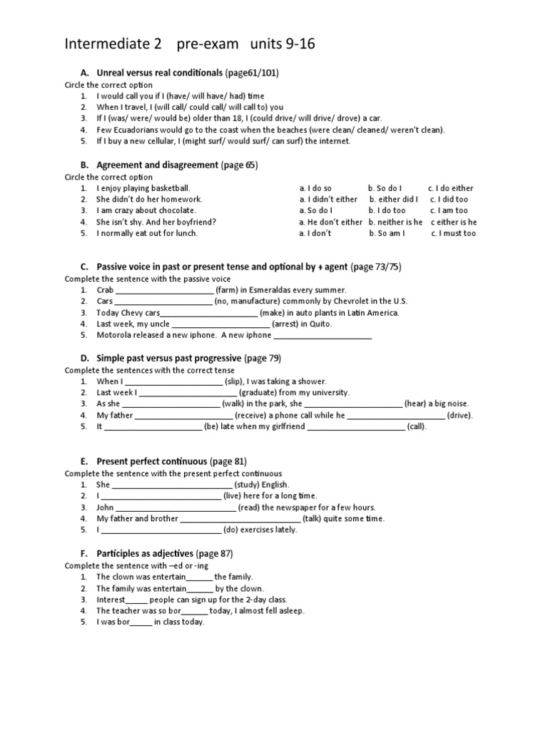 Pre Exam Intermediate 2 | PDF | Linguistics | Grammar