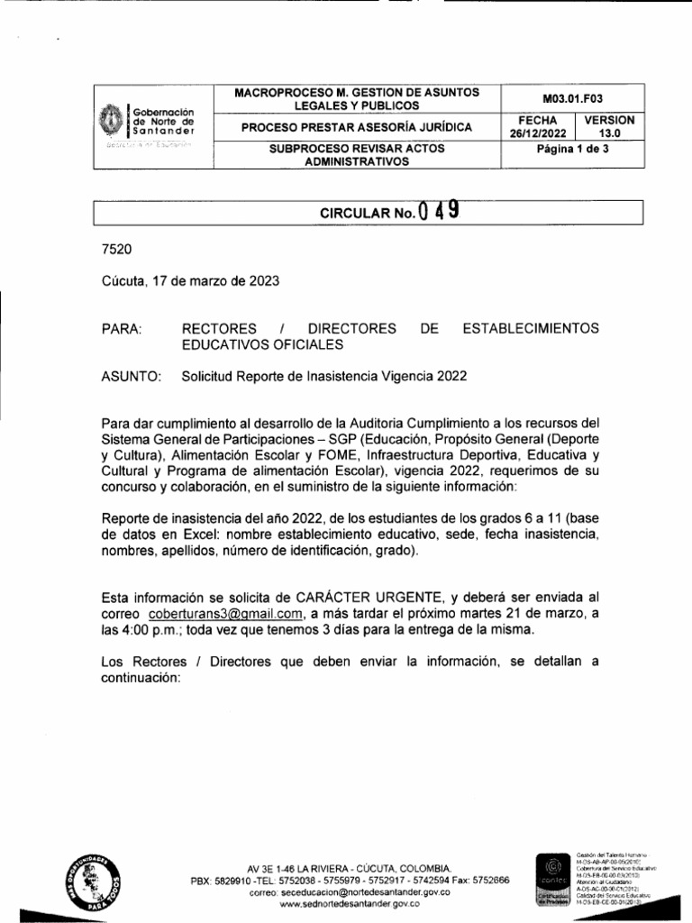 Circular 049 Solicitud Reporte Inasistencia Vigenc - 230317 - 154438 | PDF