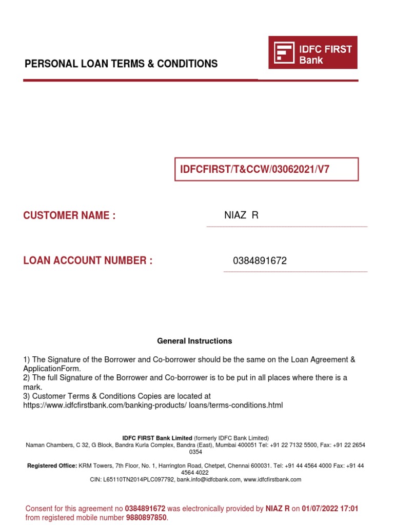 IDFC First Bank Personal Loan Agreement | PDF | Banks | Loans