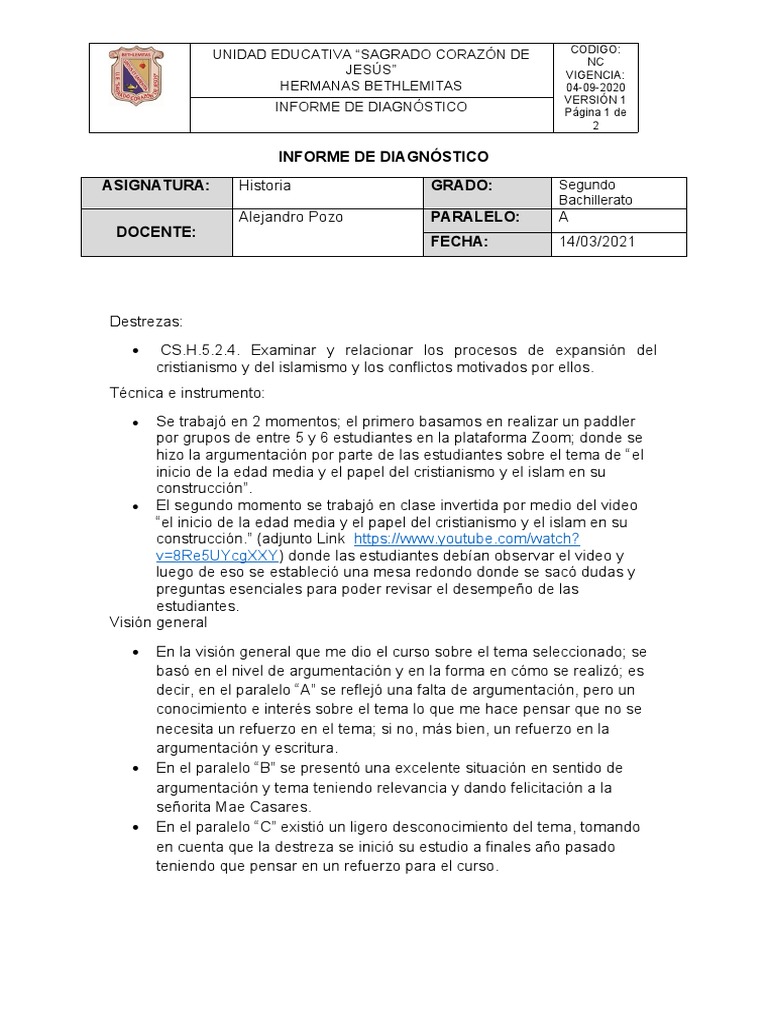 INFORME DE DIAGNOSTICO 2do BGU A, B, C | PDF