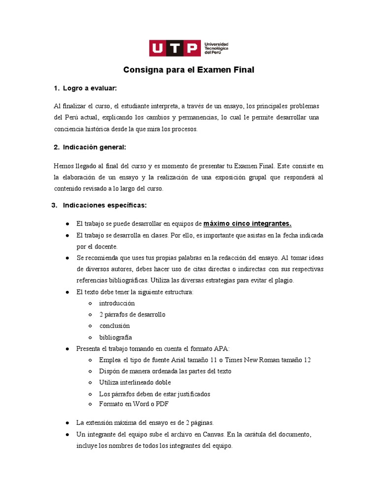 Consigna para El Examen Final: 1. Logro A Evaluar | PDF | Perú | Gobierno