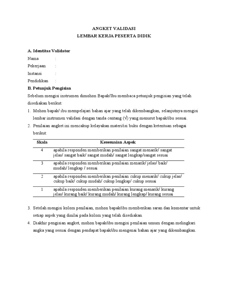 Angket Validasi Instrumen RPP, LKPD, Soal | PDF