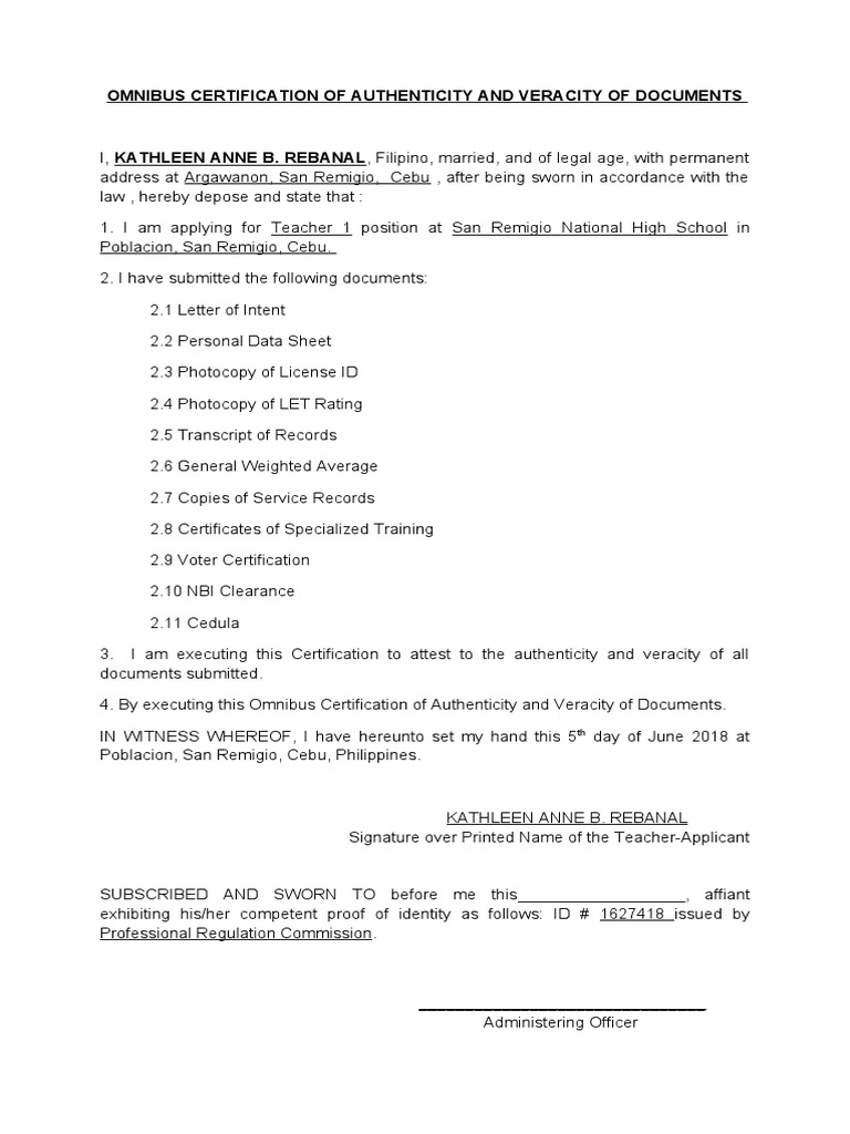 Omnibus Certification of Authenticity and Veracity of Documents | PDF