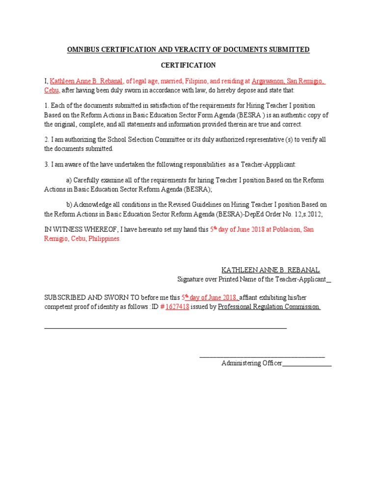 Omnibus Certification and Veracity of Documents Submitted | PDF Omnibus Certification and Veracity of Documents Submitted | PDF