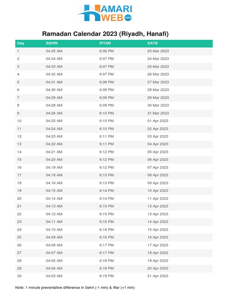 Ramadan 2023 Calendar for Riyadh | PDF | Religious Food And Drink ...