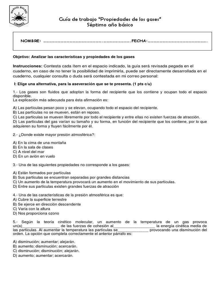 Guía Química 7B Propiedades de Los Gases | PDF | Gases | Cantidades fisicas