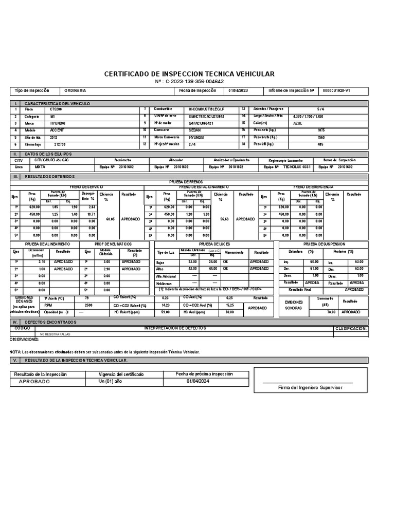 Certificado de Inspeccion Tecnica Vehicular | PDF | Bienes ...
