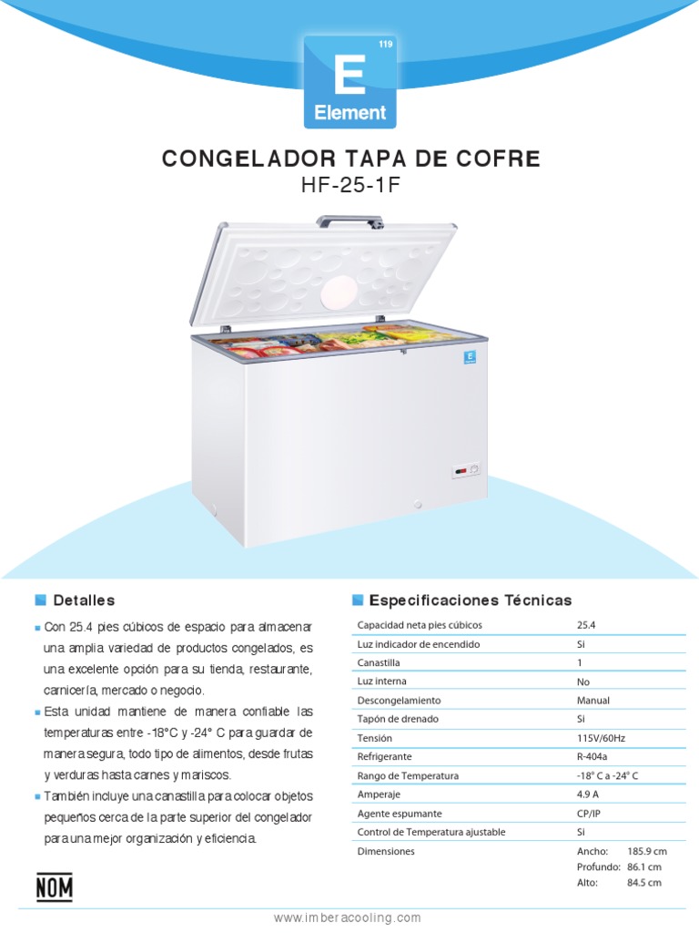 Ficha Tecnica Imbera Element HF 25 1F 1020060 Congelador Horizontal Cofre 1 Tapa 25 Pies | PDF