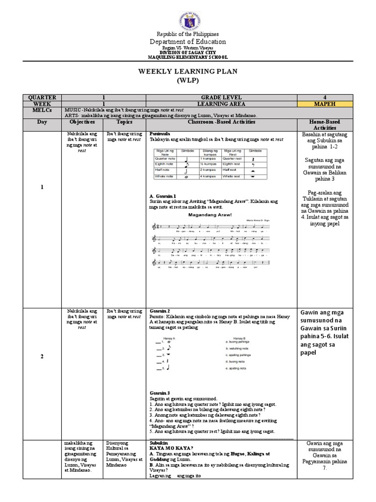 Weekly Plan in Mapeh 4-6 2nd Week 1st Quarter | PDF