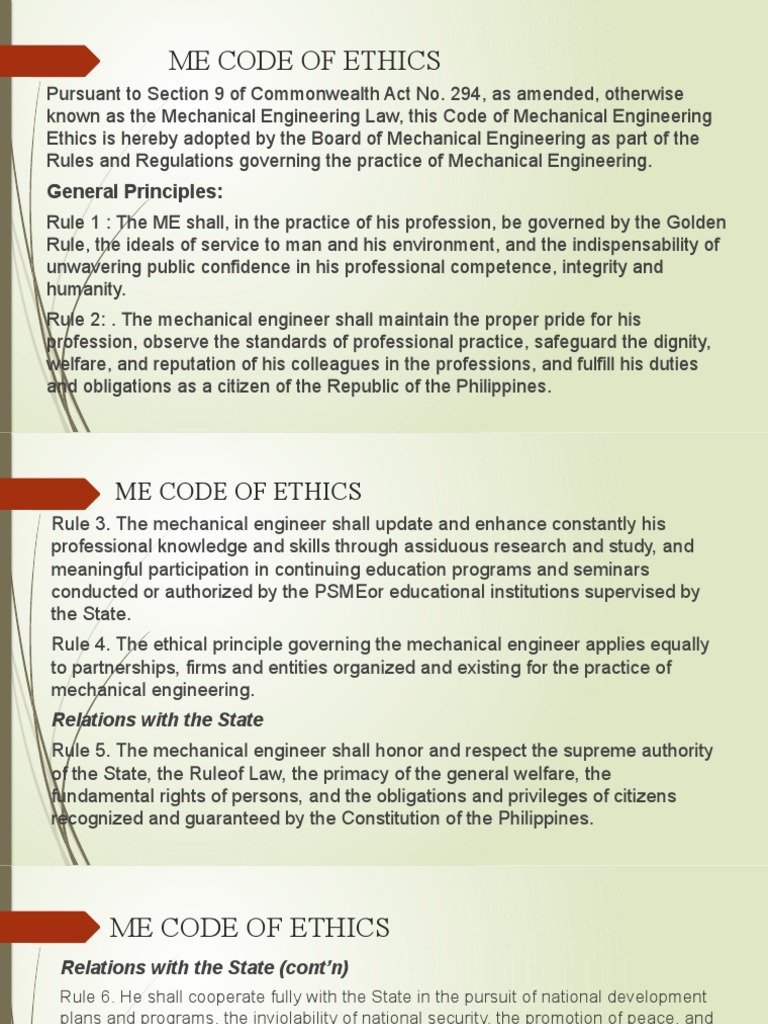 ME CODE OF ETHICS - 2nd SEM ME LAWS - MEE41 | PDF | Engineer | Employment