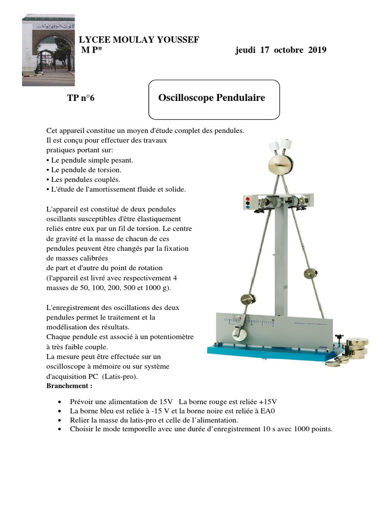 TP 6 Oscilloscope Pendulaire | PDF | Pendule (physique) | Mécanique