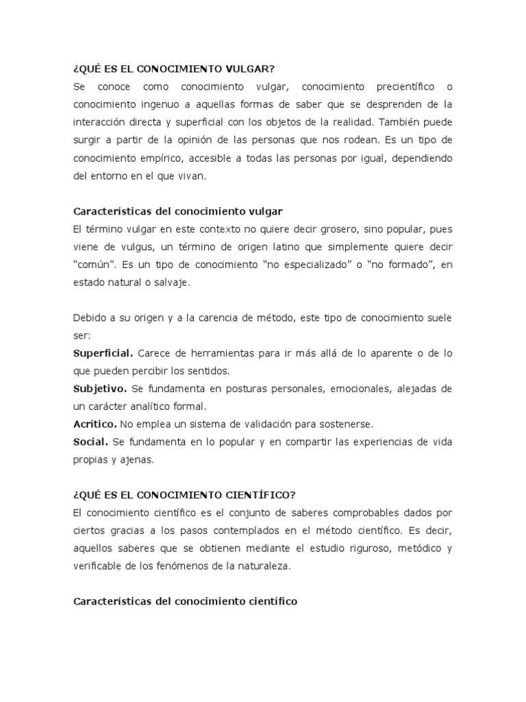 Qué Es El Conocimiento Vulgar | PDF | Conocimiento | Método científico