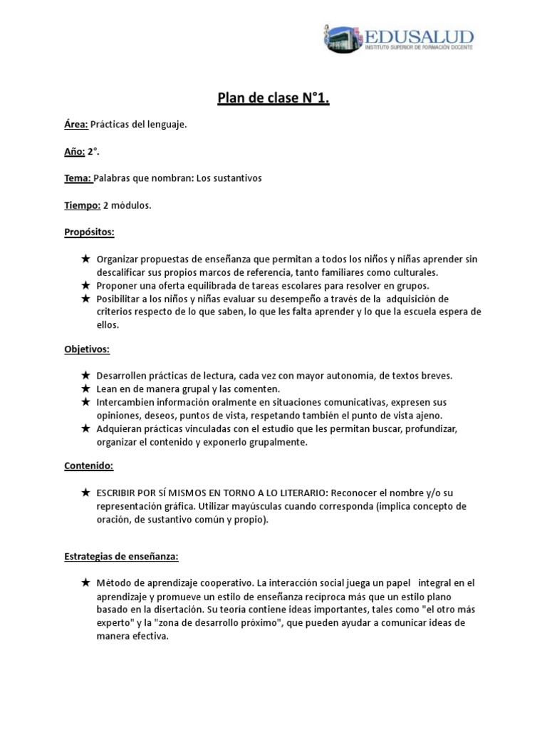 Plan de Clase N°1 | PDF | Aprendizaje | Sustantivo