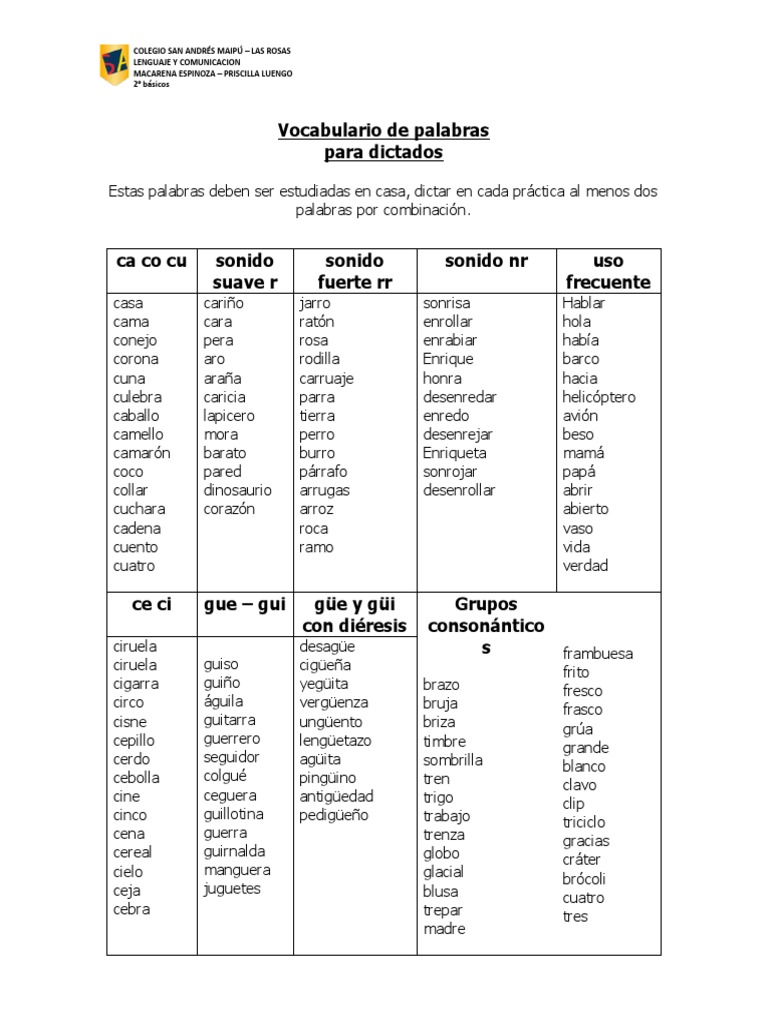 Vocabulario para Dictados 2° Básico | PDF