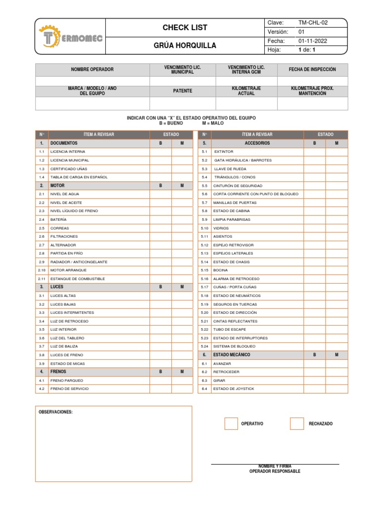 Check List Grúa Horquilla | Descargar gratis PDF | Tecnología de vehículos | Vehículos con ...