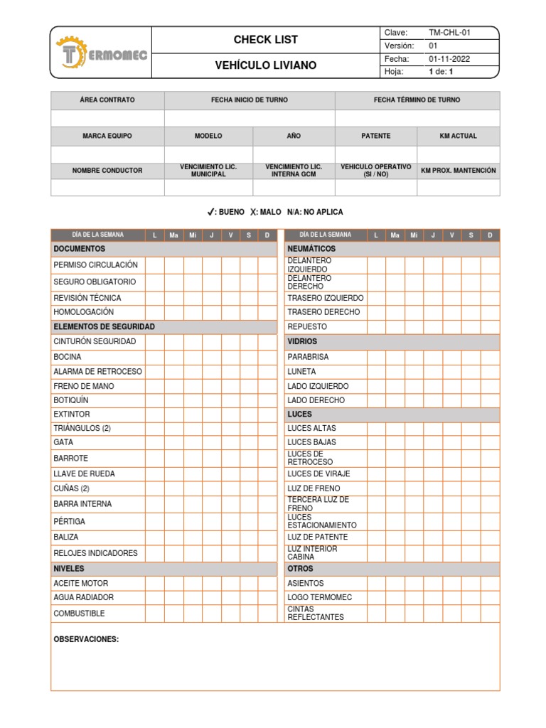 Check List Vehículo Liviano | PDF | Vehículo de motor | Transporte privado Check List Vehículo Liviano | PDF | Vehículo de motor | Transporte privado