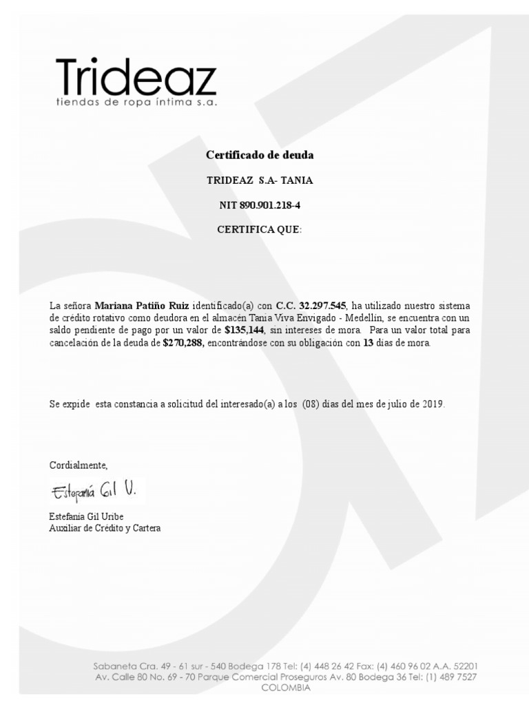 Certificado de Deuda Con Días en Mora | PDF
