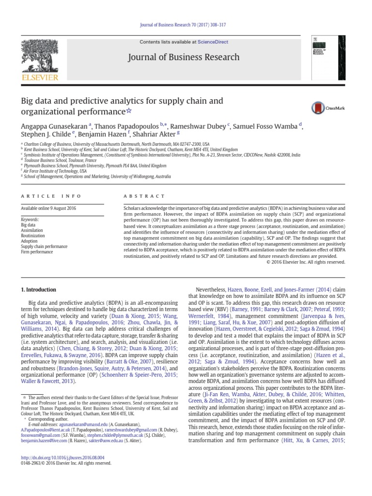 Big Data and Predictive Analytics For Supply Chain and Organizational ... Big Data and Predictive Analytics For Supply Chain and Organizational ...