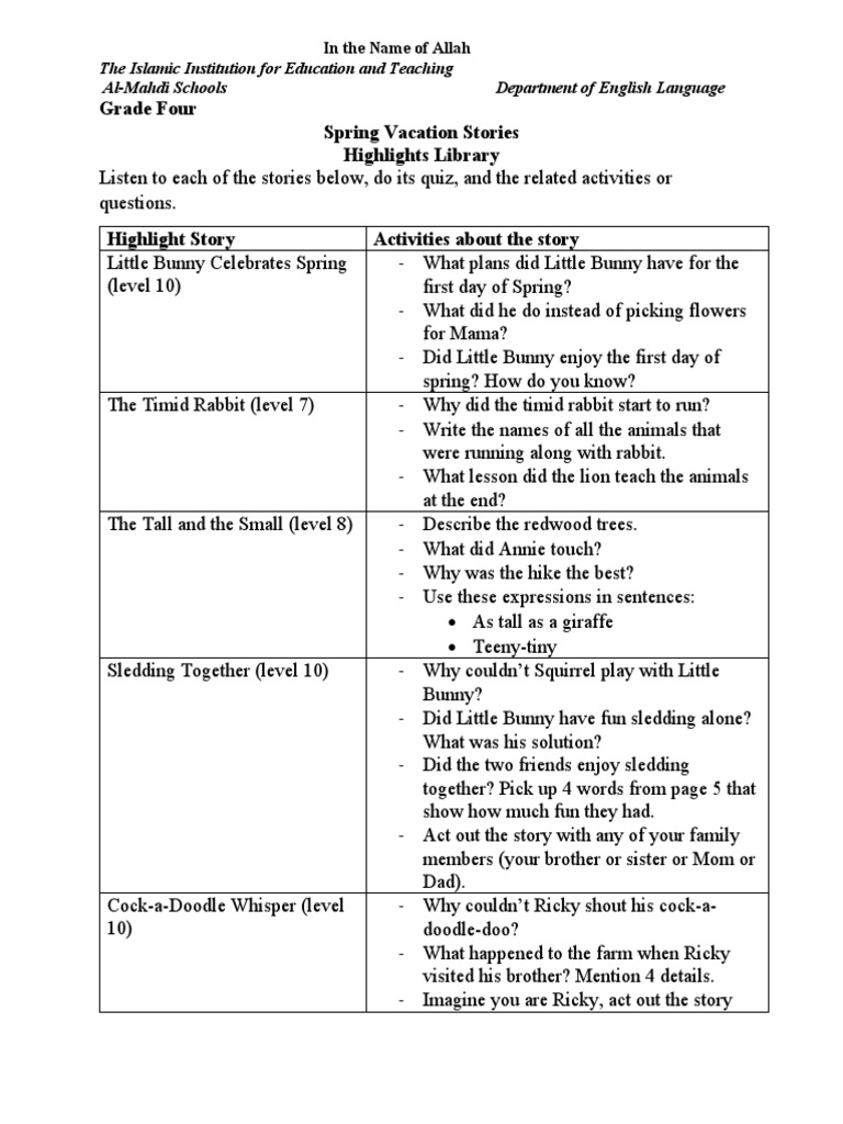Grade 4 Spring Story Activities | PDF